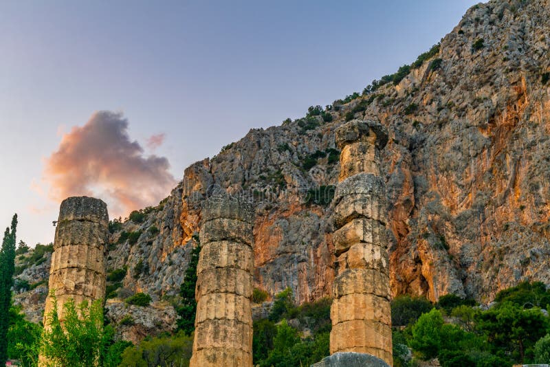 Sunset View of Ruins of Temple of Apollo at Ancient Delphi, Greece ...