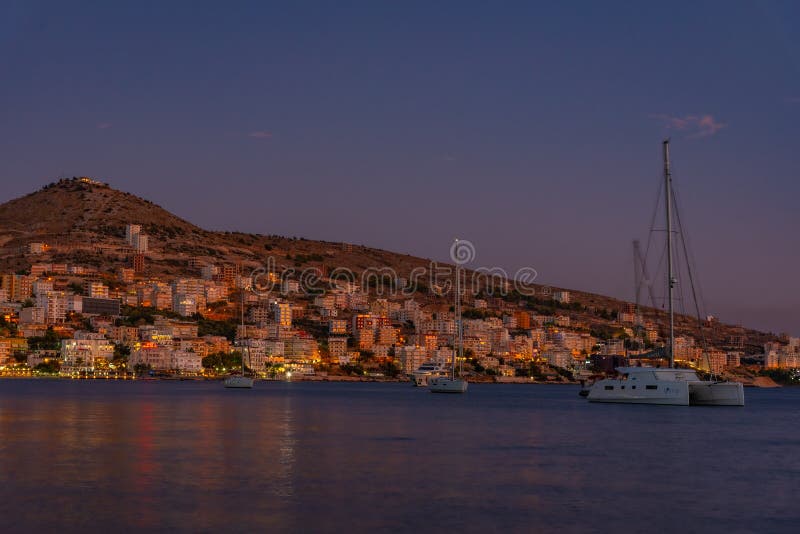 Sunset View of Seaside of Sarande with Lekuresi Castle, Albania Stock ...