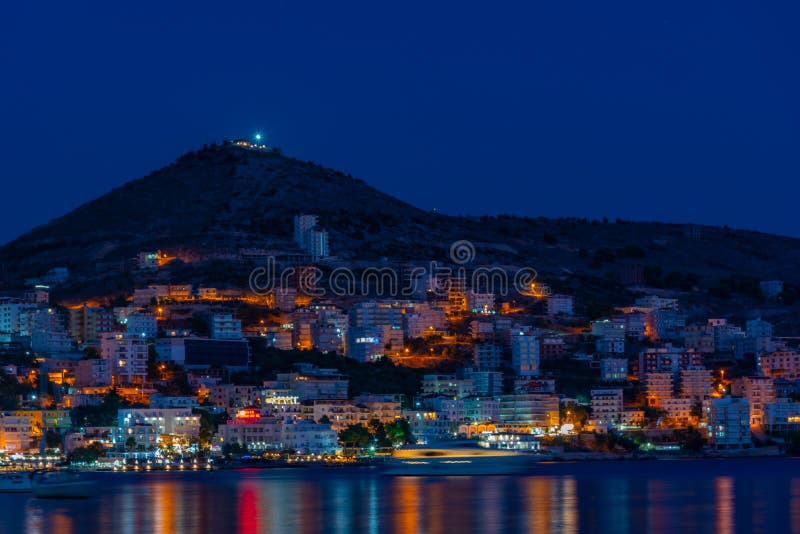 Sunset View of Seaside of Sarande with Lekuresi Castle, Albania Stock ...