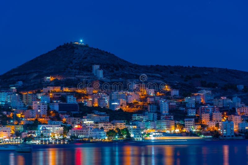 Sunset View of Seaside of Sarande with Lekuresi Castle, Albania Stock ...