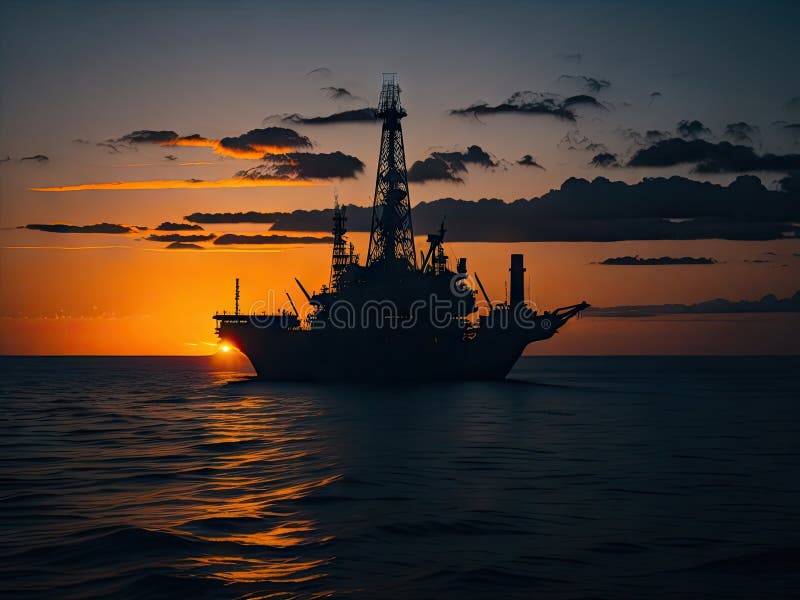 Sunset View with Silhouette of an Oil Rig. Ai Generative Stock ...
