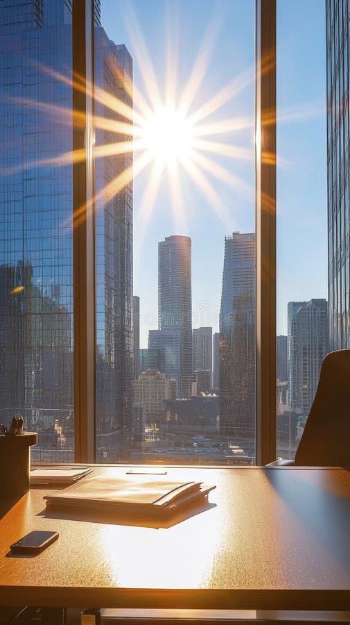 Sunset View from Skyscraper Office with Documents Stock Illustration ...