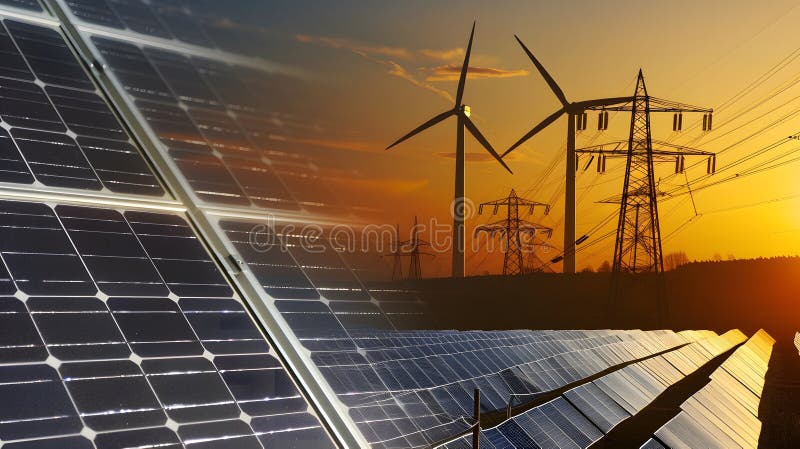 Sunset View of Solar Panels, Wind Turbines, and Power Lines ...