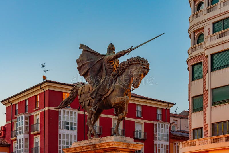 Sunset View of Statue of El Cid in Spanish Town Burgos Stock Photo ...