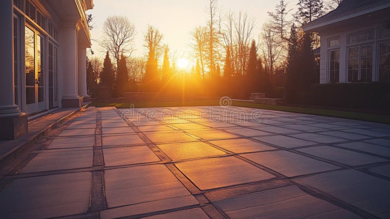 Sunset View of a Stone Patio and House Stock Illustration ...