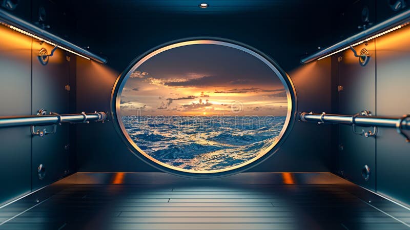 Sunset View through Submarine Window. Generative Ai Stock Illustration ...