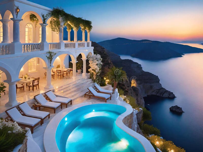 Sunset View of a Swimming Pool with a Beautiful Sunset. Greece Stock ...