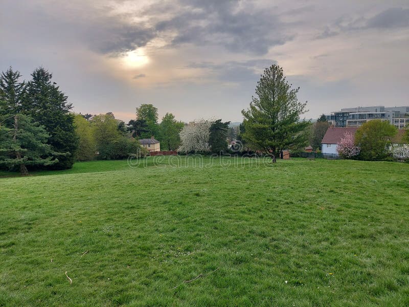 Sunset view trees houses stock photo. Image of farm - 179569754