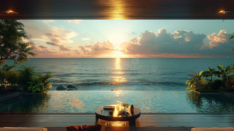 Sunset View from Tropical Villa Infinity Pool Stock Photo - Image of ...