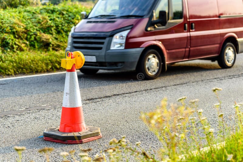 Sunset View Uk Motorway Services Roadworks Cones with Red Van Passing ...