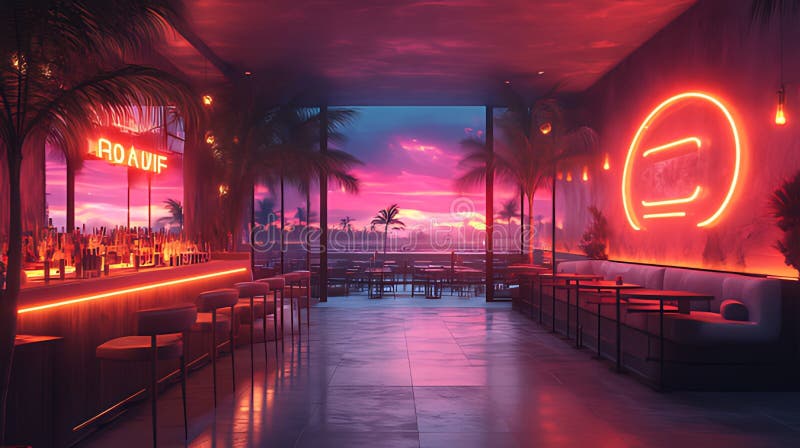 Sunset View from a Vibrant Neon-lit Bar Stock Illustration ...