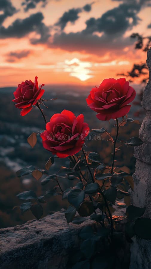 Sunset View with Vibrant Red Roses and Scenic Landscape Stock Photo ...