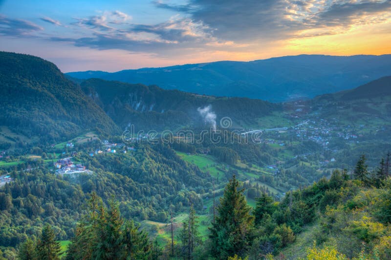 Sunset View of a Village in a Valley in Transylvania, Romania Stock ...