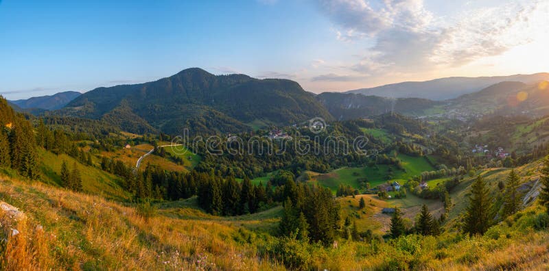 Sunset View of a Village in a Valley in Transylvania, Romania Stock ...