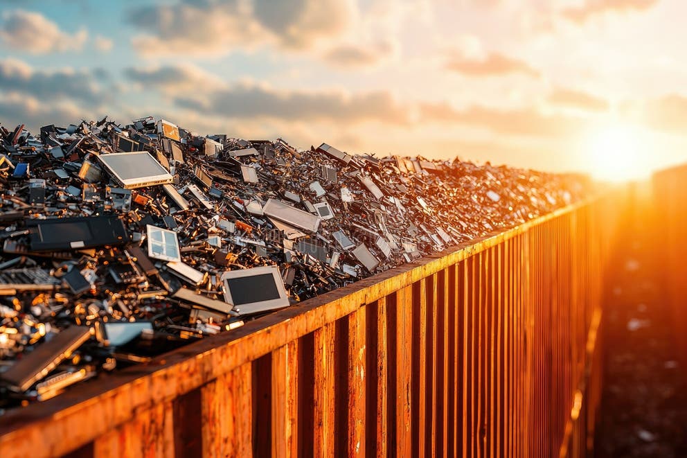 A Sunset View of a Waste Dump Filled with Electronic Trash ...