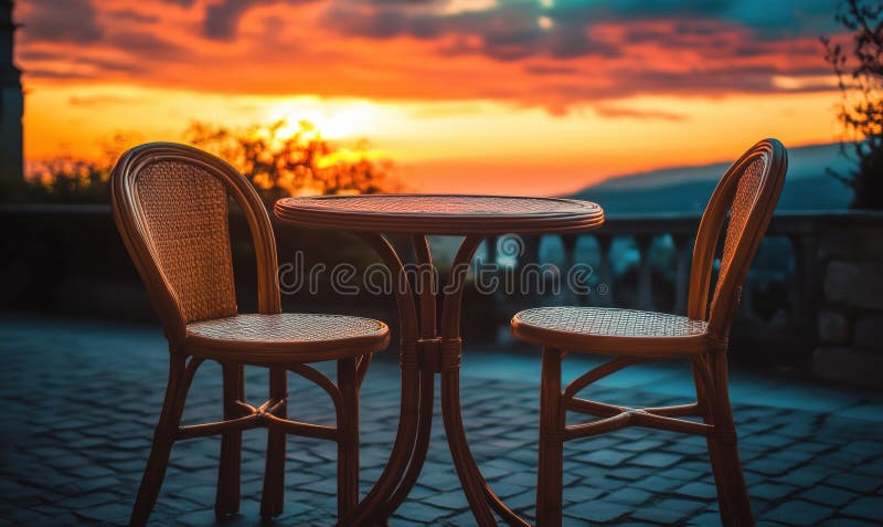 Sunset View with Wicker Table and Chairs in Outdoor Setting Stock Image ...