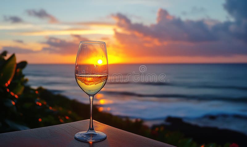 Sunset View with Wine Glass Overlooking Ocean Waves and Tropical ...