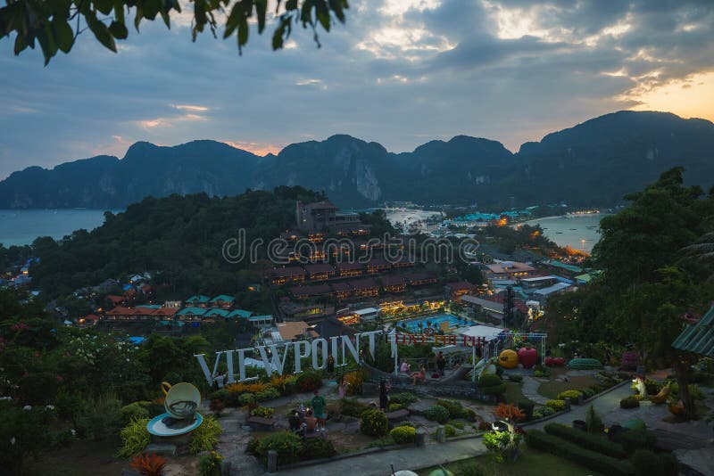 Sunset Viewpoint Over Koh Phi Phi with Limestone Cliffs and Coastline ...