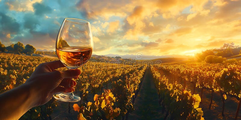 Sunset Vineyard a Glass of Wine at Golden Hour Stock Illustration - Illustration of scenic ...