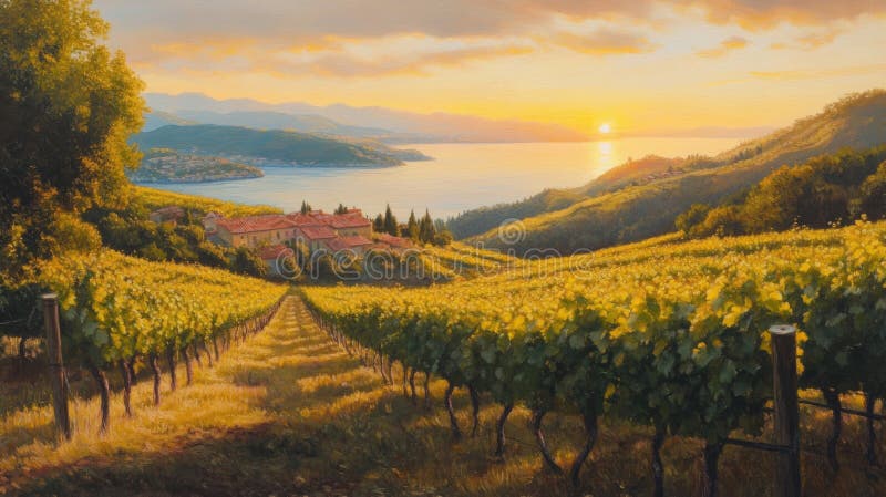 Sunset Vineyard Landscape Overlooking a Lake and Village Stock ...