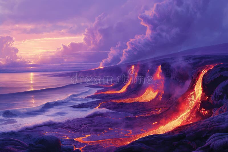 Sunset Volcanic Eruption by the Ocean Stock Image - Image of volcanic ...