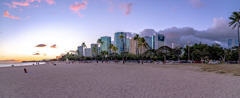 Sunset at Waikiki Beach on Oahu Hawaii Stock Photo - Image of resorts ...