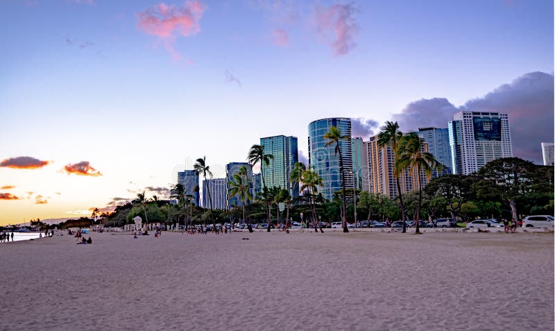 Sunset at Waikiki Beach on Oahu Hawaii Stock Photo - Image of resorts ...