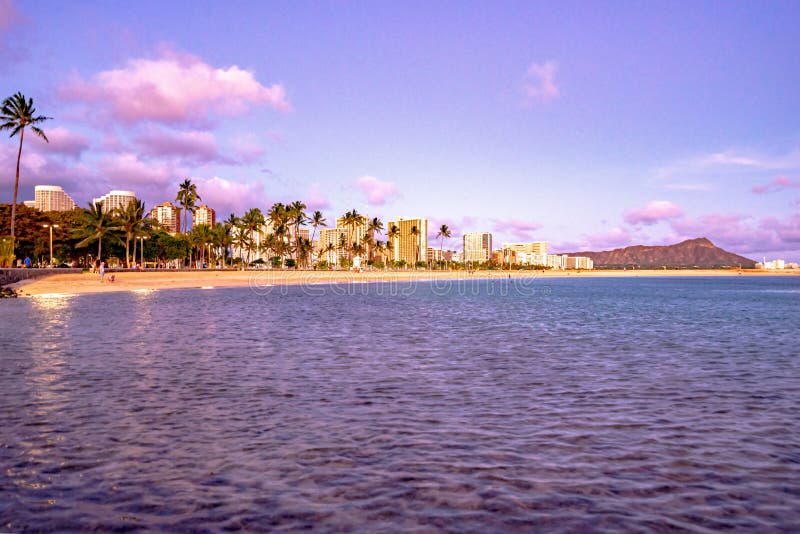 Sunset at Waikiki Beach on Oahu Hawaii Stock Photo - Image of ocean ...