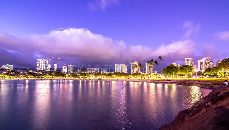 Sunset at Waikiki Beach on Oahu Hawaii Stock Photo - Image of ocean ...