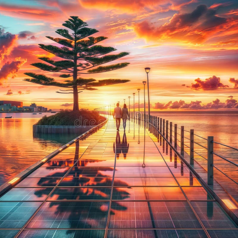 Sunset Walk on Solar Panel Pier, Generative Ai Stock Illustration ...