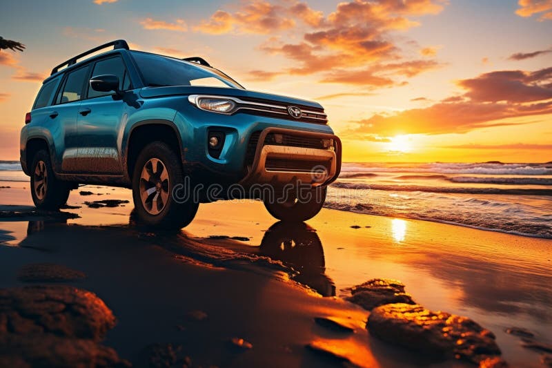 Sunset Wanderlust Car Parked on the Beach, Evoking Vacation Dreams ...