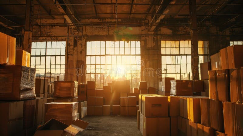 Sunset in Warehouse with Cardboard Boxes on Racks Stock Illustration ...