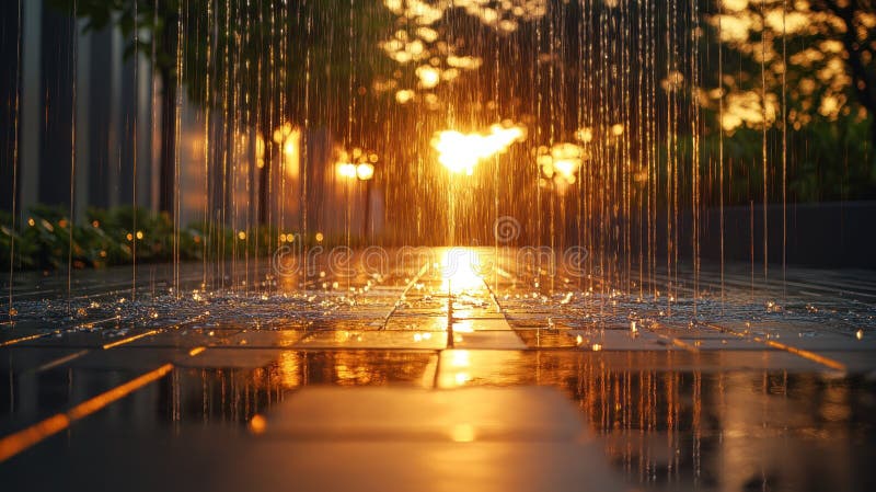 Sunset Water Feature. Golden Light through Falling Water Stock ...