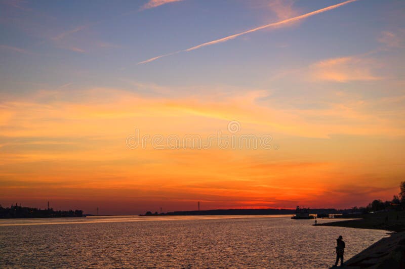 Sunset Water Horizon Landscape. Sunset Water Scene. Volga River Sunset ...
