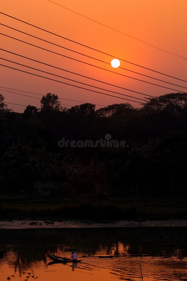 Sunset Water People Man Boat Reflection Tree River Stock Photo - Image ...