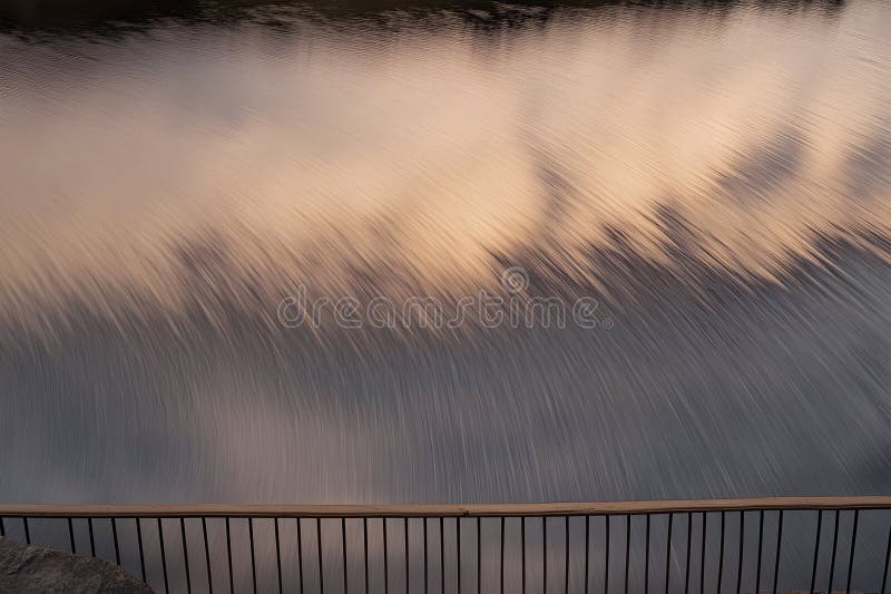 Serene Water Flow Over Dam stock photo. Image of fence - 385501166