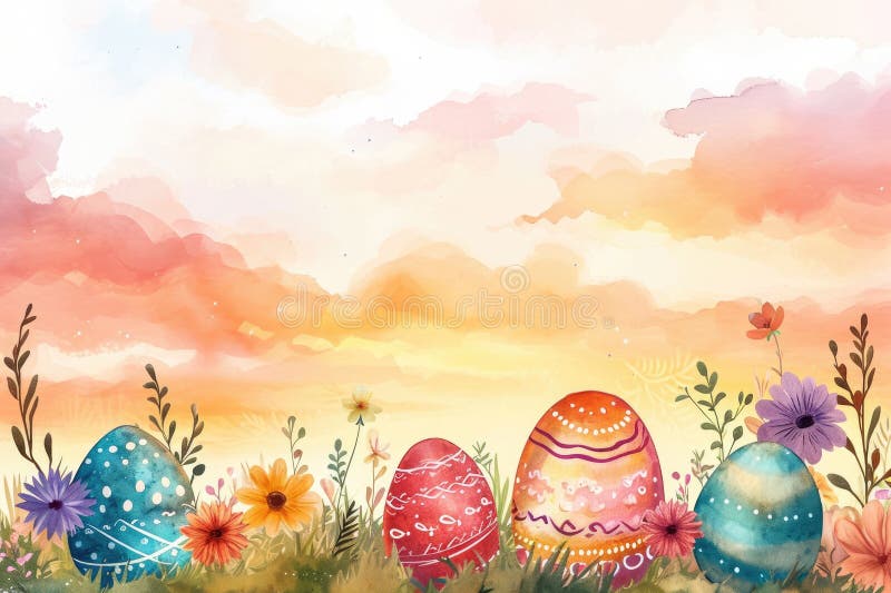 Sunset Watercolor Easter Egg Landscape. Easter Eggs Amid Flowers ...