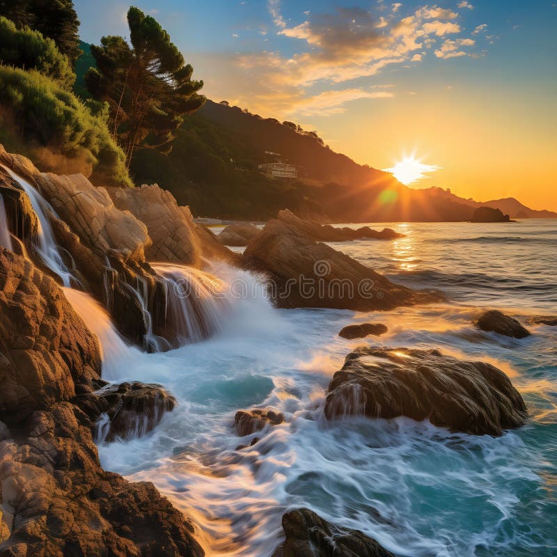 Sunset Waterfall Coastal Landscape Stock Illustration - Illustration of ...