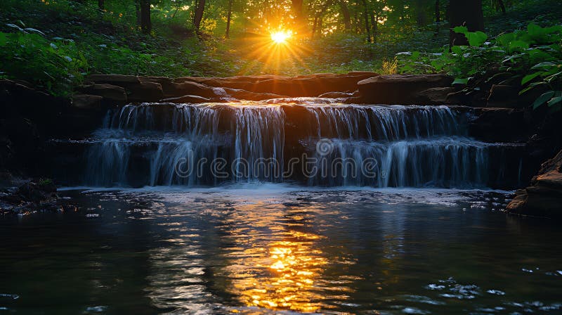 Sunset Waterfall Forest Stream Nature Calm Peace Stock Illustration ...