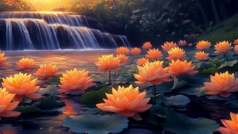 Sunset Waterfall, Lotus Pond, Tranquil Jungle Scene, Idyllic Peace ...