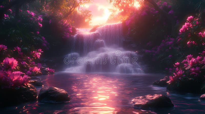 Sunset Waterfall, Lush Jungle, Pink Flowers, Calm Pool Stock ...