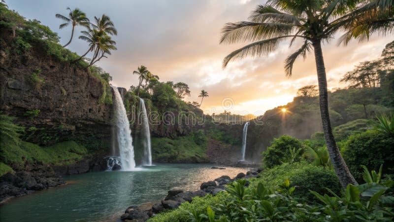 Sunset Waterfall Paradise Tropical Landscape Photography Stock ...