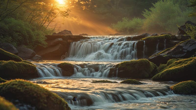 Sunset Waterfall River Rocks Landscape Calm. Stock Photo - Image of ...