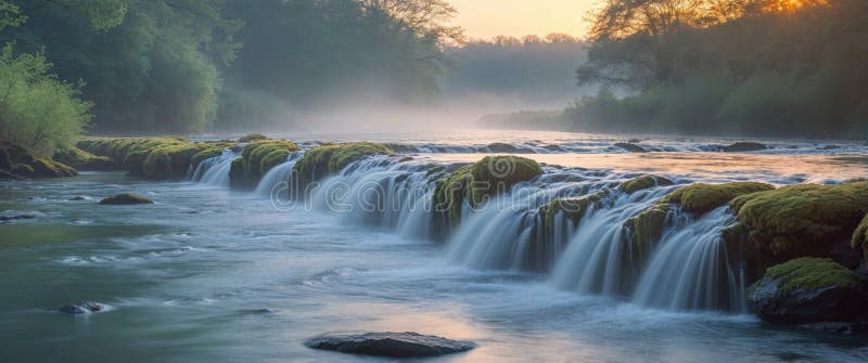 Sunset Waterfall River Rocks Landscape Calm. Stock Image - Image of ...