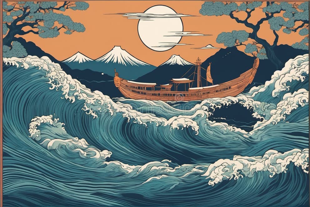 Sunset Waves in Japanese Ukiyo-e Style Stock Illustration ...