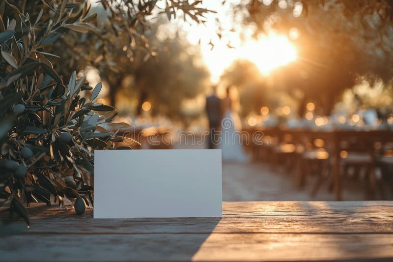 Sunset Wedding Ceremony with an Empty Invitation Card on a Wooden Table ...