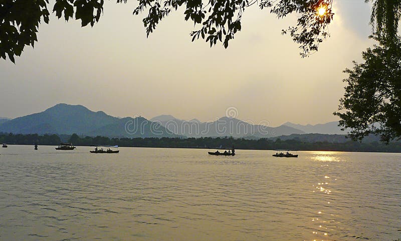 Sunset at the West Lake in Hangzhou, China Stock Photo - Image of ...