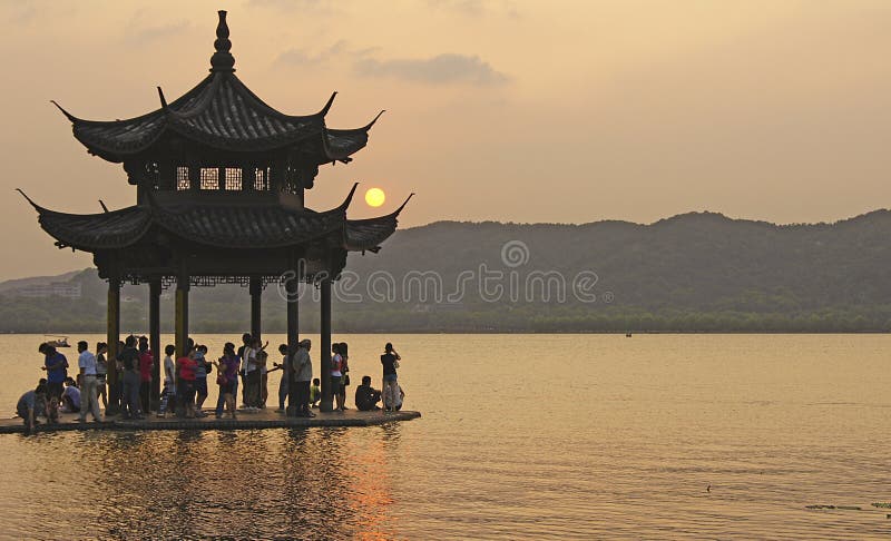 Sunset at the West Lake in Hangzhou, China Stock Image - Image of ...