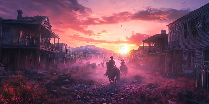 Sunset Western Town Cowboy Silhouette Artwork Stock Illustration ...