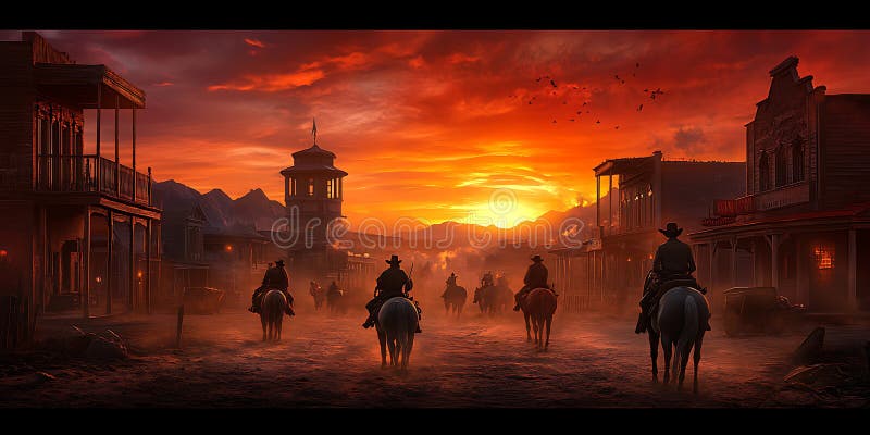 Sunset Wild West Town Cowboys Riding at Dusk Stock Illustration ...